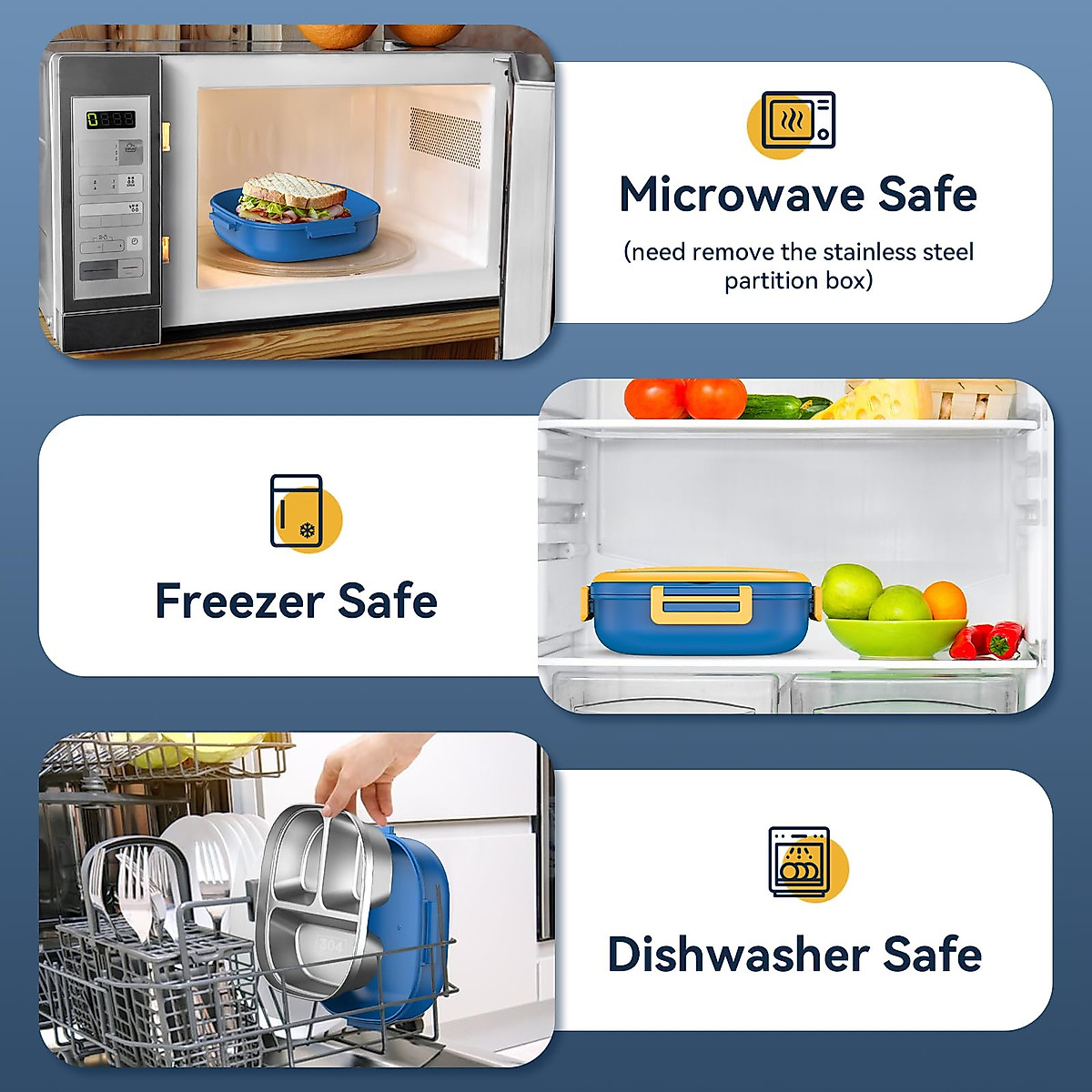 PEDECO Bento Box for Kids Stainless Steel - 3-Compartment - Complete Lunch Set with Portable Utensil - Ideal for Children Under 10 Years Old - Dishwasher Safe & BPA-Free(Blue)