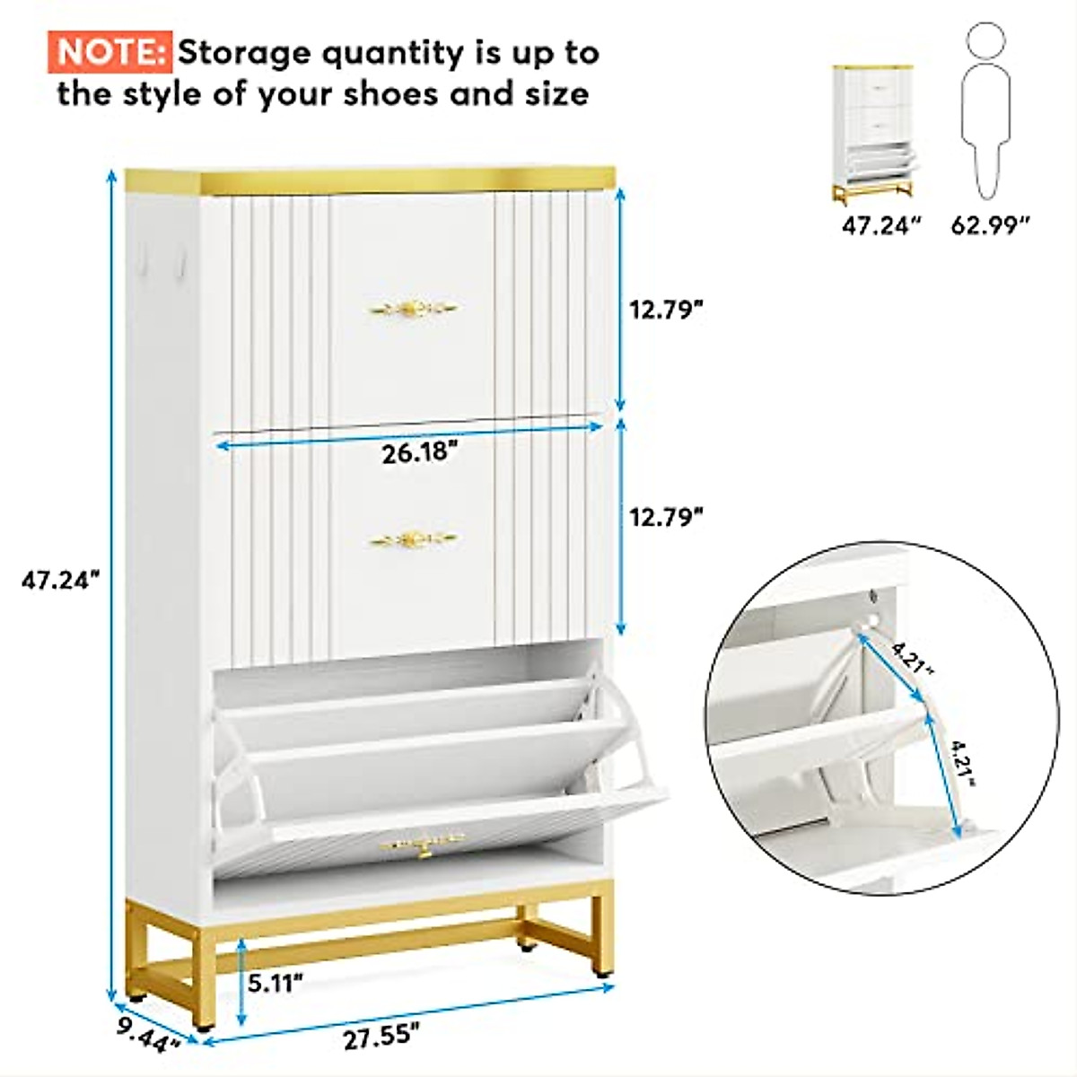 Tribesigns Shoe Cabinet with 3 Flip Drawers, Modern 18-24 Pair Shoe Rack Organizer with 2 Hanging Hooks, Freestanding Tipping Bucket Shoe Storage Cabinet for Entryway