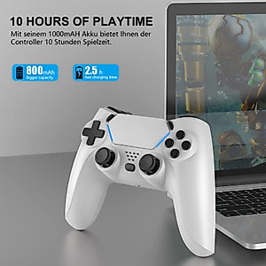 PomisGam PS4 Controller Compatible for Playstation 4 / Pro / Slim / Steam, Wireless Gaming Controller with Vibration and Headset Jack, Touch Pad, and Charging Cable (White)