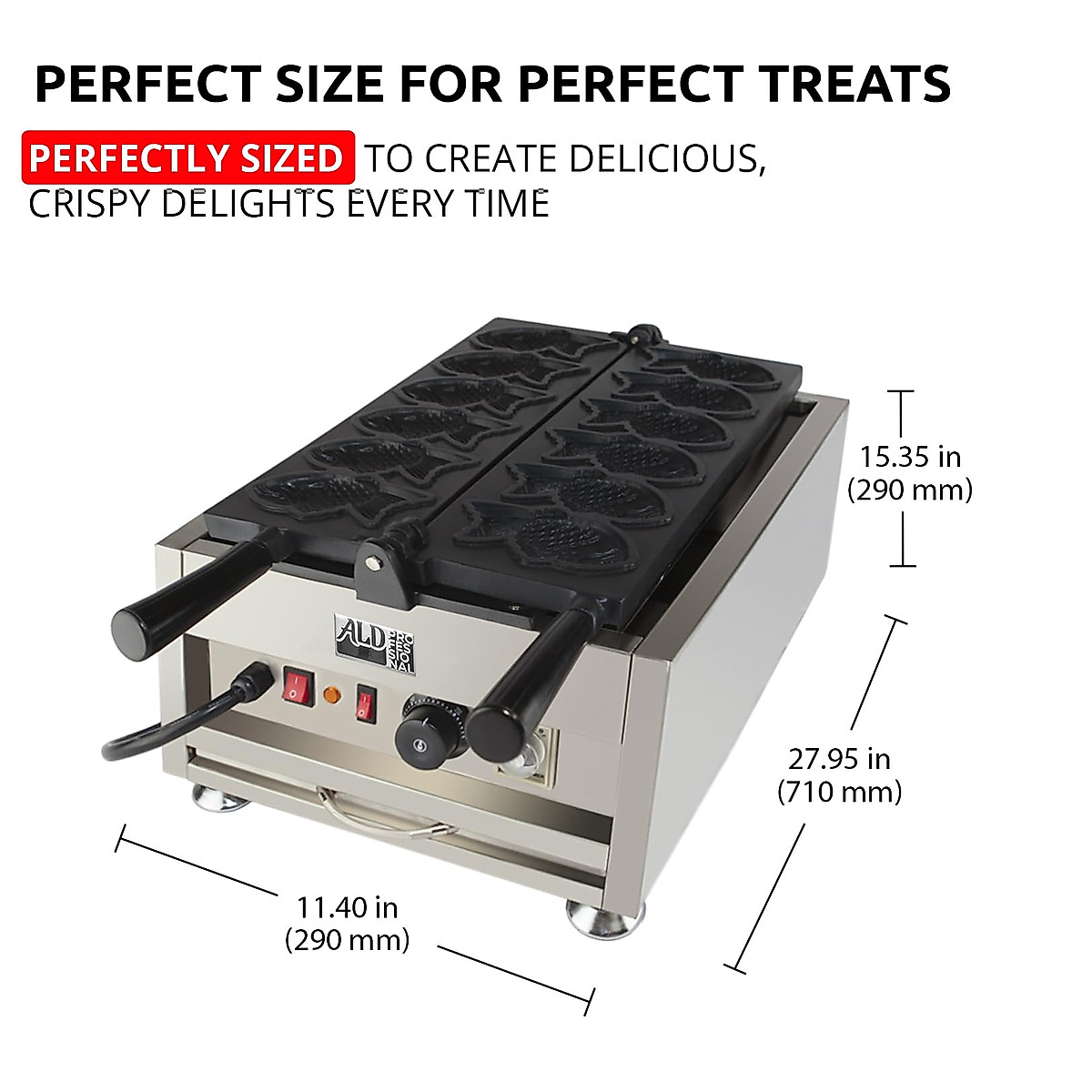 ALDKitchen Taiyaki Fish Waffle Maker | Electric Taiyaki Machine | Fish Shaped Waffle Cones | Stainless Steel Professional | Nonstick Coating | 110V (Six Fishes)