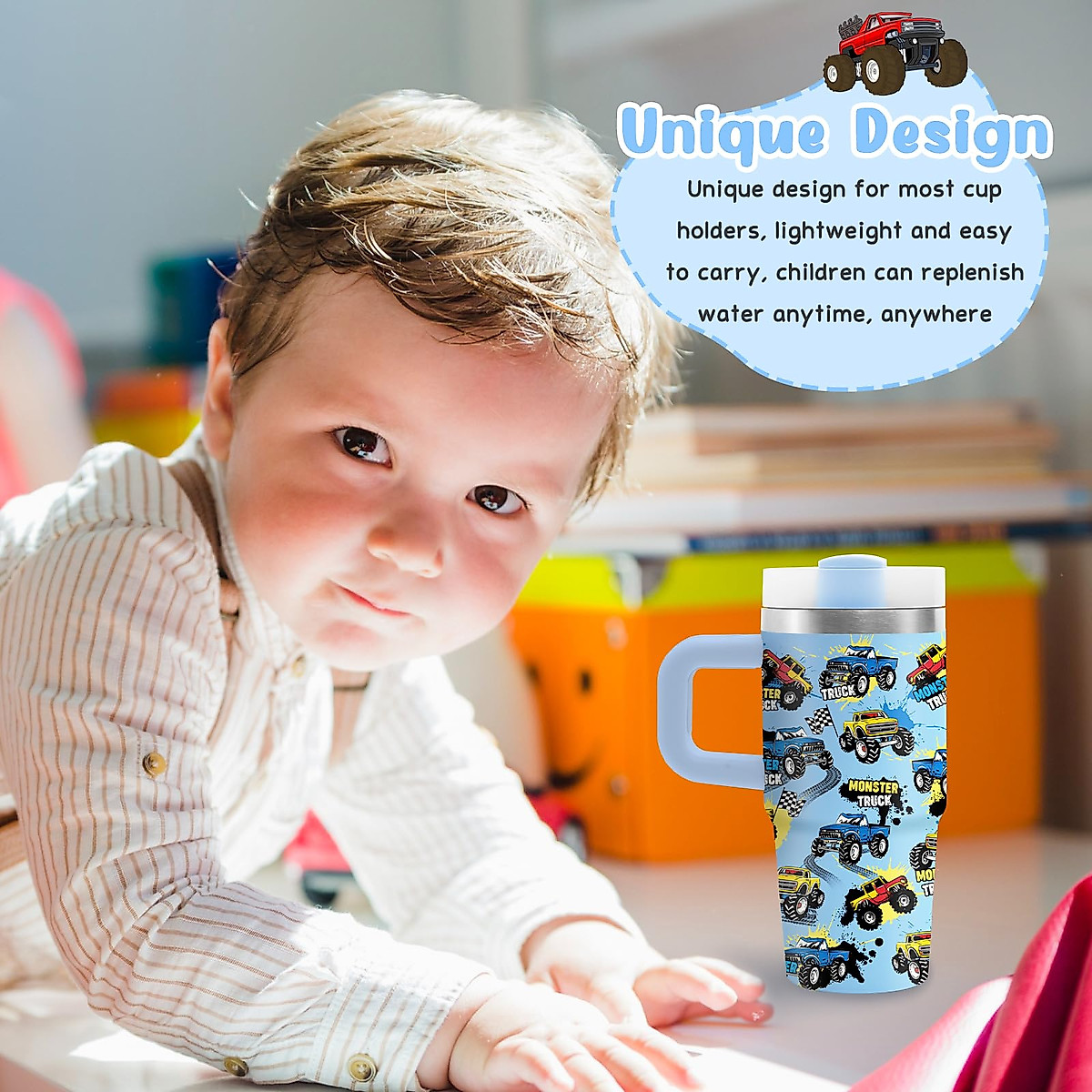 14 oz Monster Truck Tumbler with Handle and Straw for Kids, Insulated Stainless Steel Travel Mug for Toddlers Boys, Vacuum Leak Proof Reusable Tumbler, Birthday Gifts for Boys