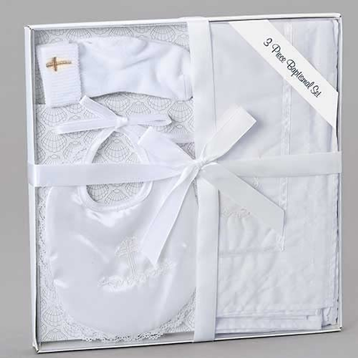 Roman White 3 Pc Baptism Gift Set with Bib/Blanket/Socks