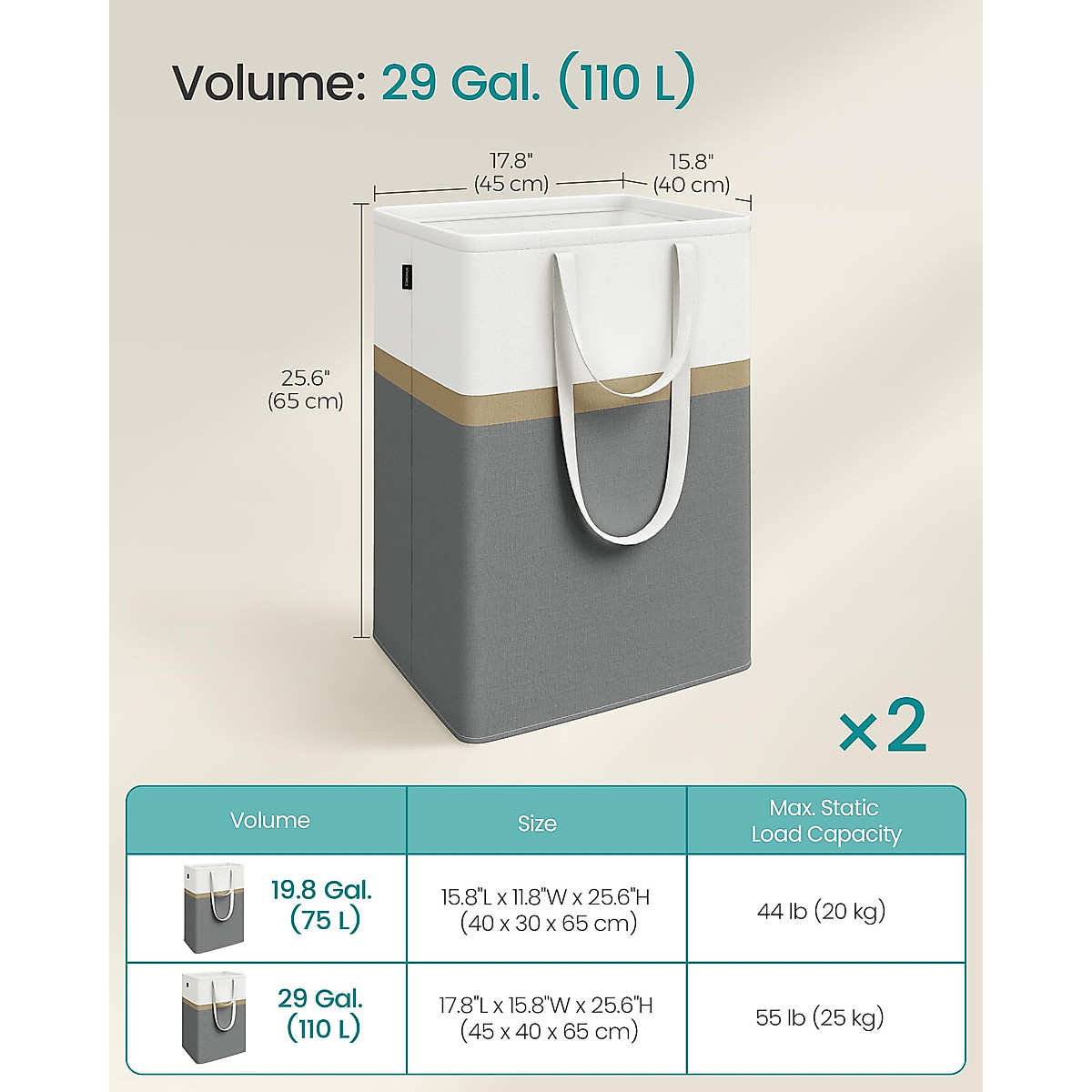 SONGMICS Set of 2 Laundry Hamper, 110 L Foldable Laundry Basket, Laundry Bag with Short and Long Handles, Easy to Transport and Clean, Freestanding, for Bedroom, Bathroom, Slate Gray ULCB210G01