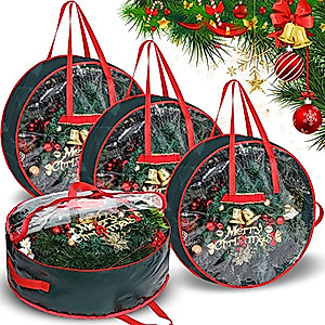 Christmas Wreath Storage Container 30 Inch Clear Wreath Storage Bags Plastic Wreath Bag with Dual Zippers and Reinforced Handles for Xmas Thanksgiving Holiday Artificial Wreath Storage(Green, 4 Pcs)