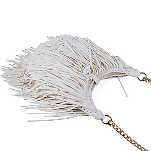 LUI SUI Women's Fringed Faux Suede Leather Cross Body Bag Chain Shoulder Bag Tassel Handbag (White)