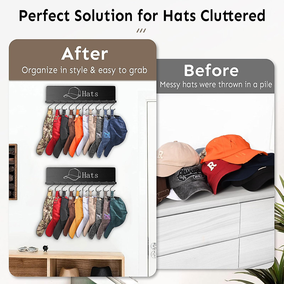 FANGSUN Hat Rack for Wall, Wooden Baseball Cap Organizer with 20 Hooks, Metal Rustic Hat Pattern Display Rack, Ball Cap Hanger Wall Mounted Hat Storage Holder for Closet Bedroom Entry, Set of 2, Black