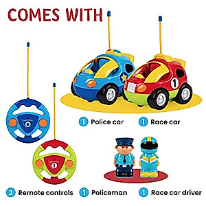 PREXTEX Remote Control Car for Toddlers (2 Pack) - Toys for 2-3+ Year Old Boys & Girls - Two Cartoon RC Cars: Police & Race Car - Toddler Toys for Boys & Girls Birthday Gifts