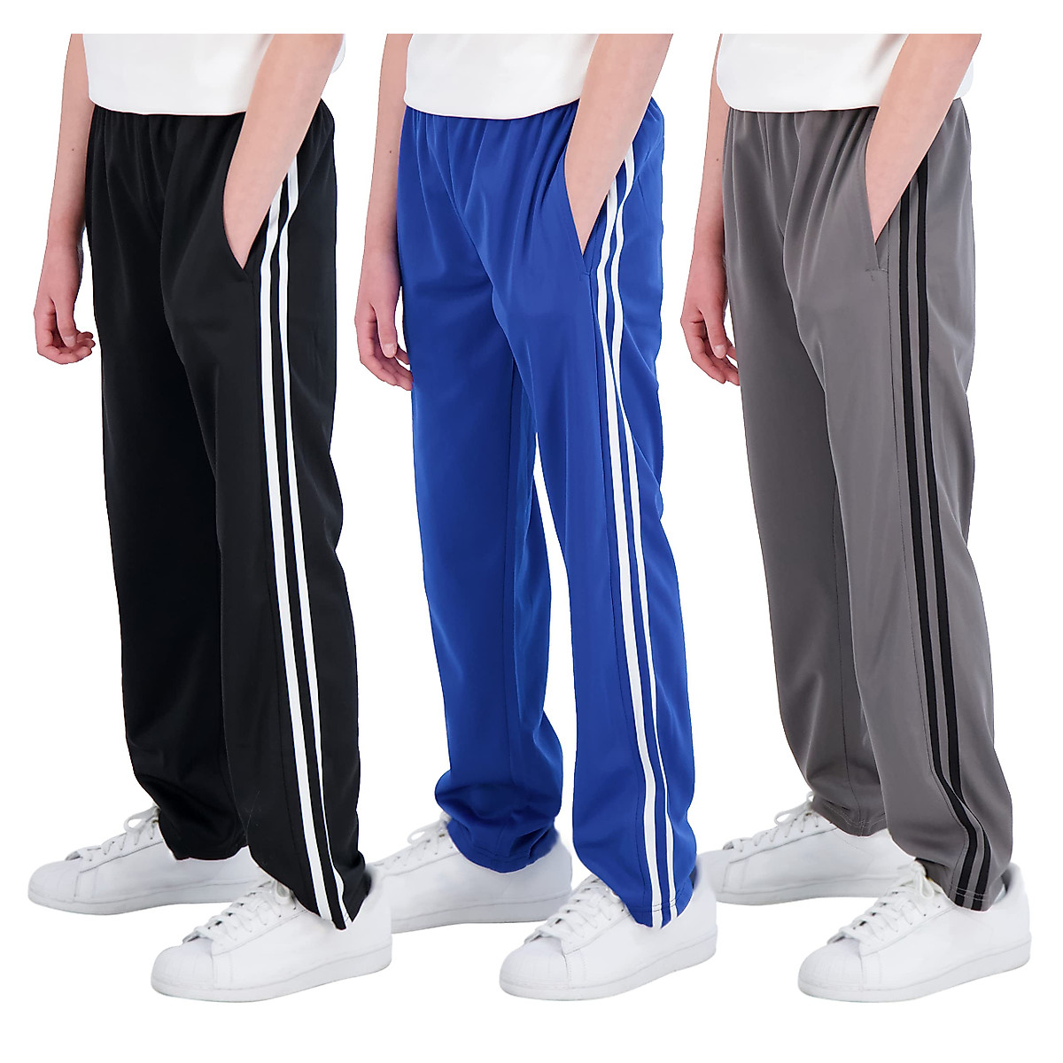 Real Essentials 3 Pack: Boys Active Tricot Sweatpants Track Pant Basketball Athletic Fashion Teen Sweat Pants Soccer Casual Girls Lounge Open Bottom Fleece Tiro Activewear Training -Set 2,L (14-16)