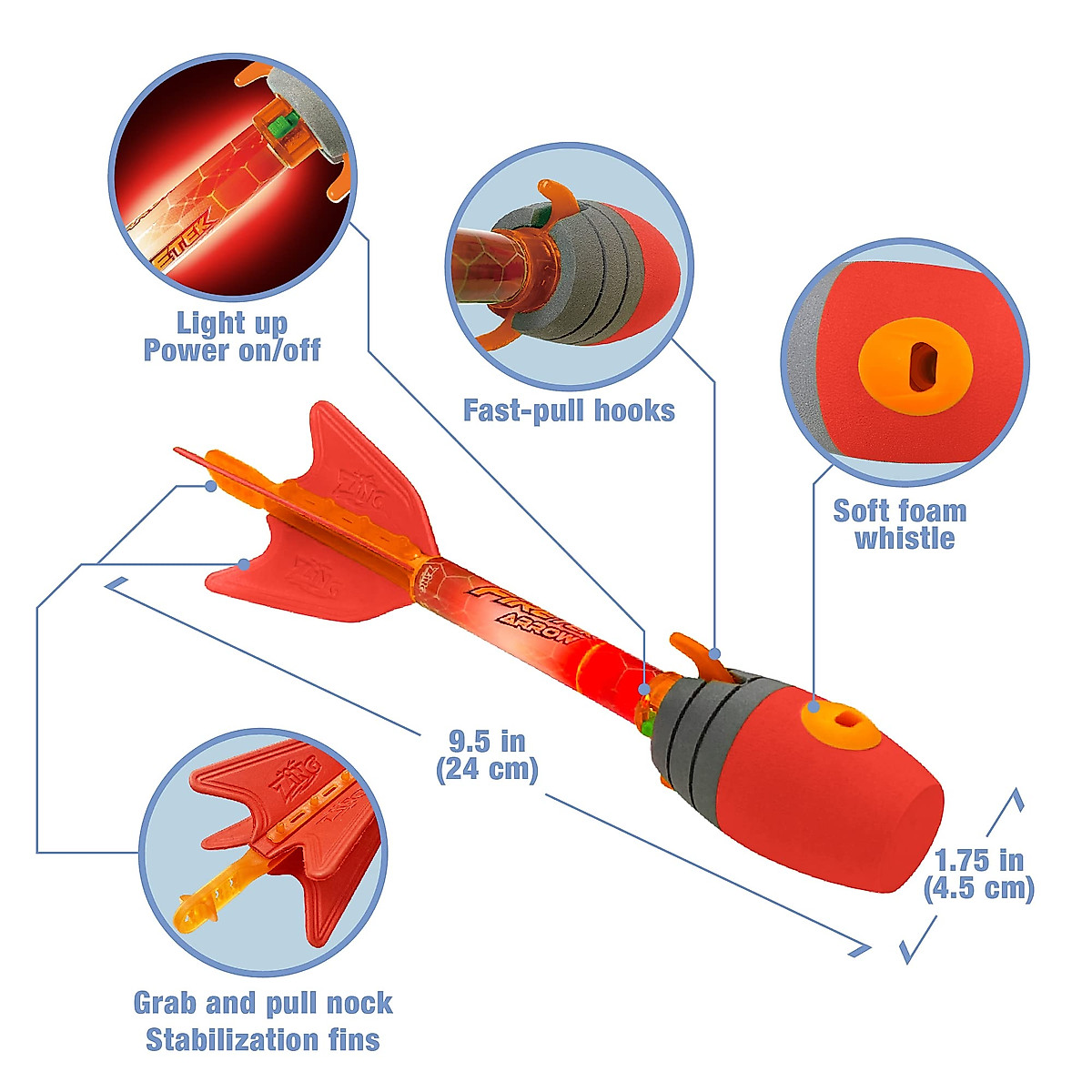 Zing Firetek Arrow Refill Pack, 4X Light up Whistling Arrows, for Long Range Outdoor Play with Friends and Family, for Ages 14 and Up