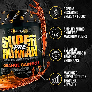 ALPHA LION Superhuman Pre Workout Powder, Beta Alanine, L-Taurine & Tri-Source Caffeine for Sustained Energy & Focus, Nitric Oxide & Citrulline for Pump (21 Servings, Orange Gainsicle)