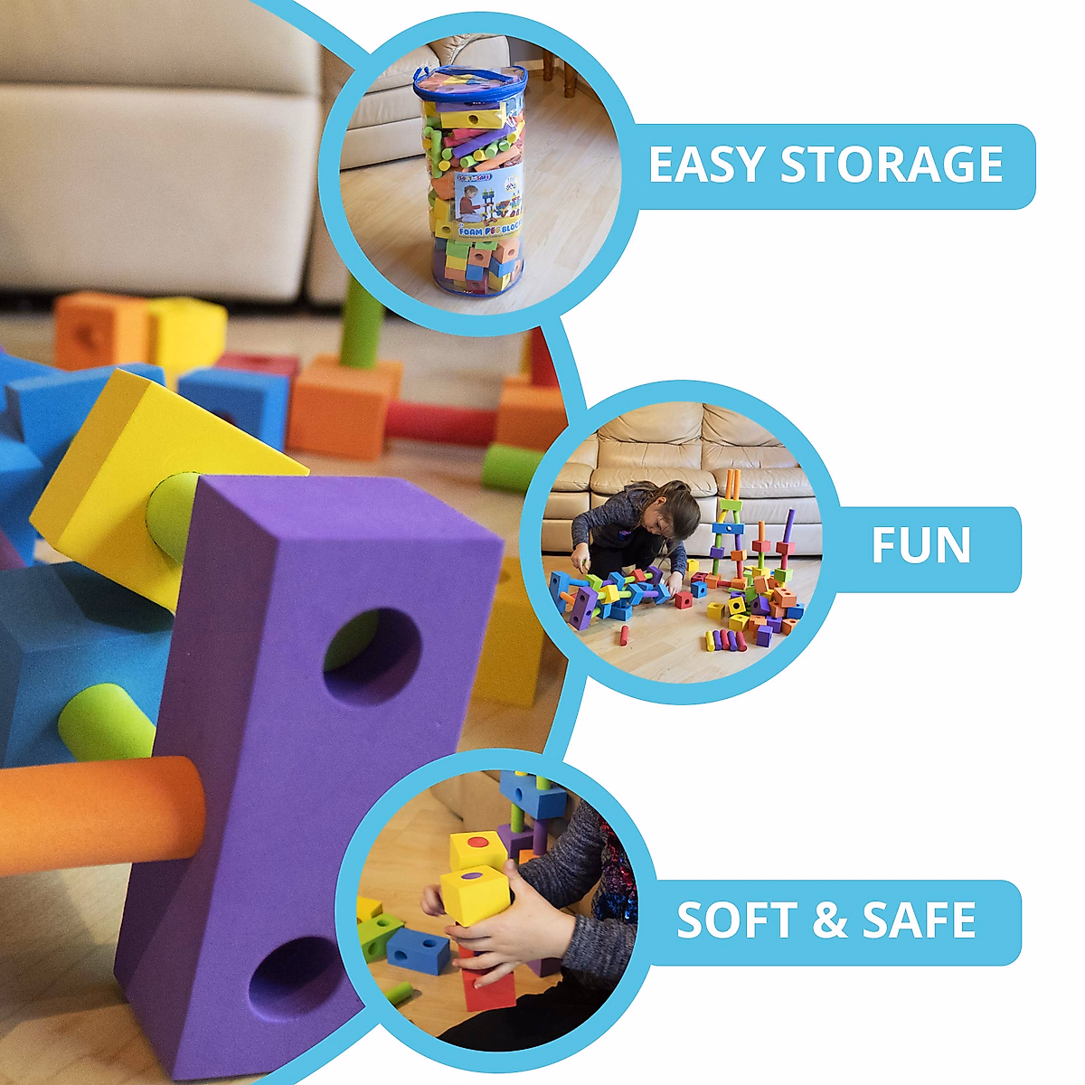 FUN n' SAFE (7684 Foam Peg Blocks for Kids, 150 Brightly Colored Pieces