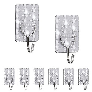 Diesisa Adhesive Wall Hooks Sticky Hooks for Hanging, 8 Packs Adhesive Hooks Reusable Seamless Wall Hook for 13Lb(Max) for Kitchen Bathroom Ceiling - Silver