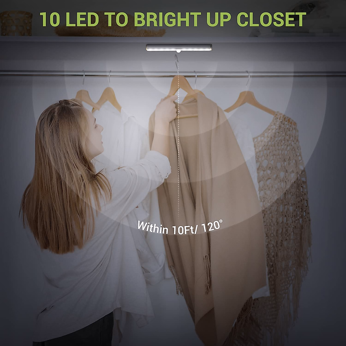 OxyLED Motion Sensor Closet Lights - Under Cabinet Lighting, Wireless Stick-on Anywhere Battery Operated 10 LED Motion Sensor Night Light, Safe Lights for Cabinet Wardrobe Stairs (1 Pack)