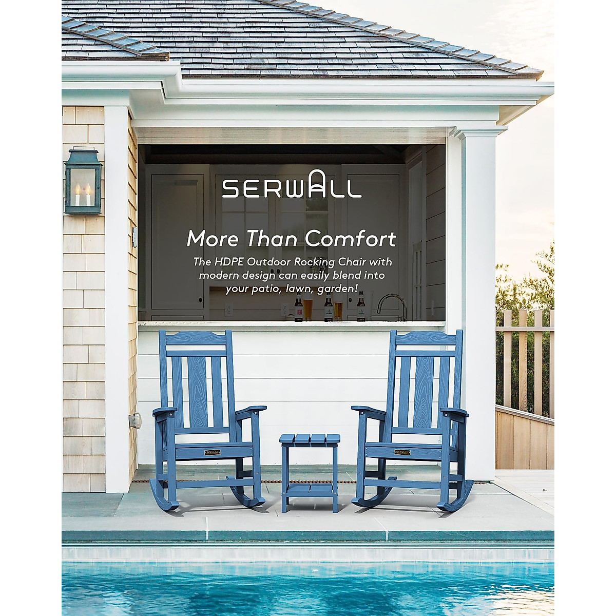 SERWALL Outdoor Rocking Chair, HDPE Poly Rocking Chair for Adults, All Weather Heavy Duty Front Porch Rocker, Blue