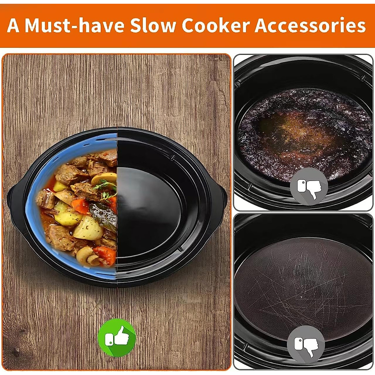 2pcs Silicone Slow Cooker Liners, Foldable Slow Cooker Liners for 6-7-8-10 Quarts, Reusable Crock-Pot Liners with Buttons and Hooks for Oval or Round Pot, Leakproof & Easy Clean, Green+Blue