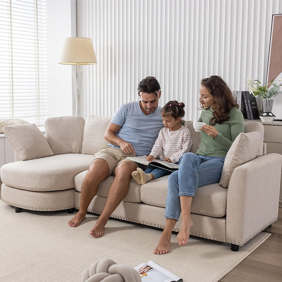 Mjkone Curved Small Cloud Couch, 3-Seat Living Room Minimalist Style Comfy Sectional Sofa, Modern Linen Fabric L Shaped Sofa Couch with Chaise for Apartment Office, Beige