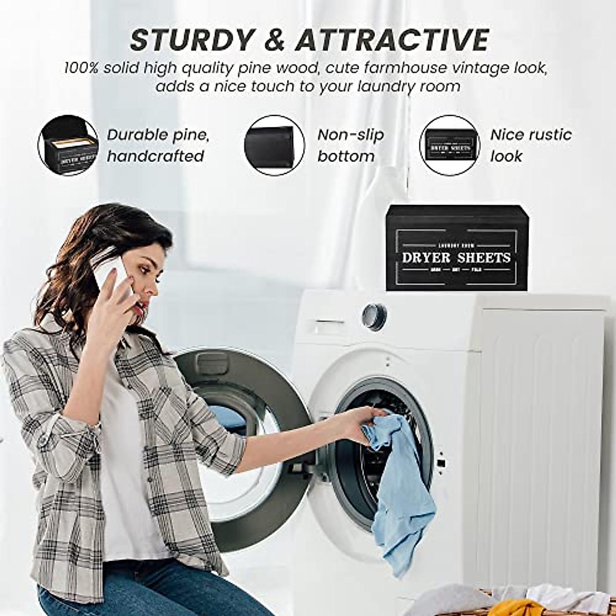 Cute Dryer Sheet Holder with Lid - Rustic Farmhouse Dryer Sheet Dispenser Laundry Room Decor Accessories, Dryer Sheet Container Fabric Softener Dispenser for Laundry Organization/Storage,Black