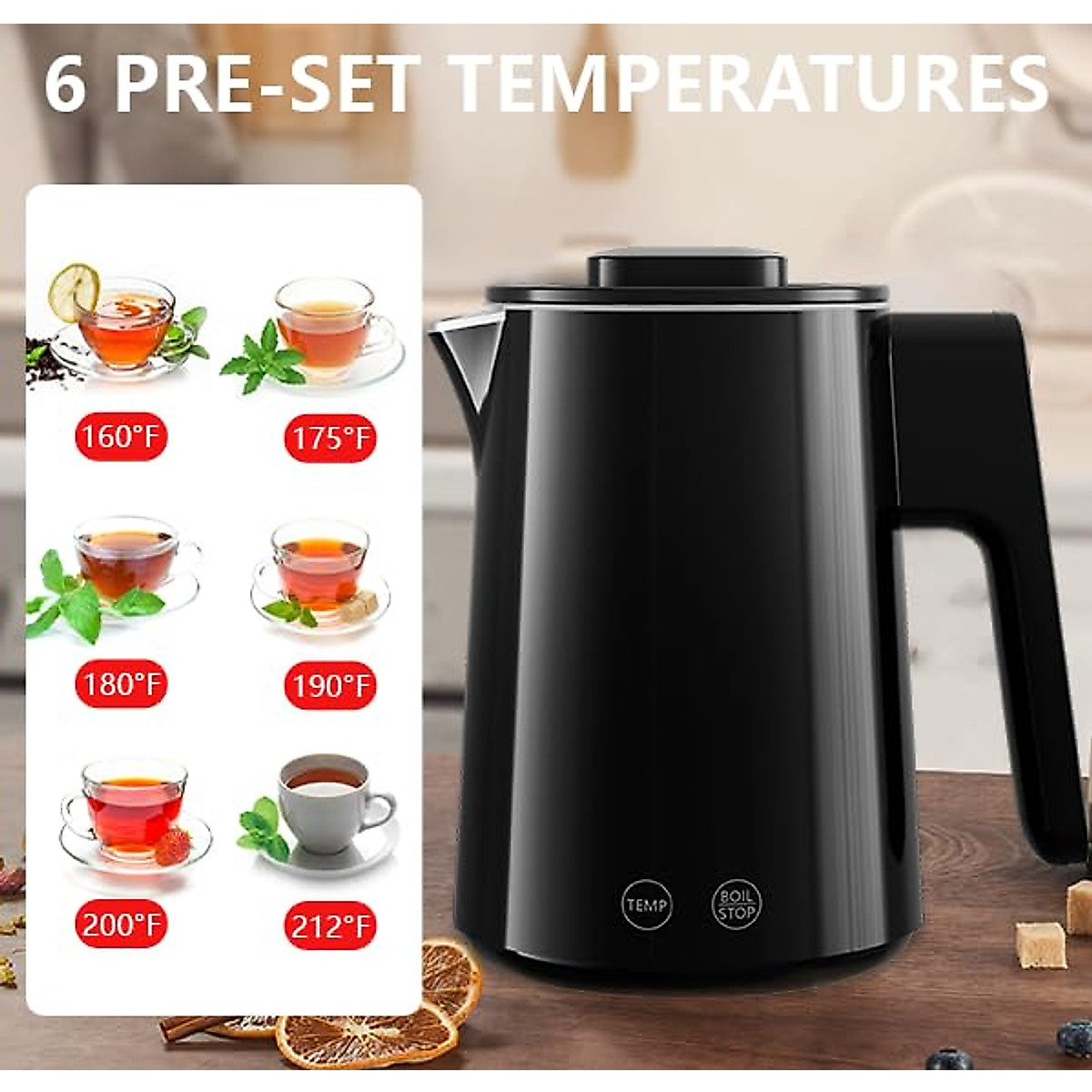 LAMSTOM Electric Kettle, 1000W Fast Boil Hot Water Kettle, 0.8L Stainless Steel Tea Pot with 6 Pre-Set Temperature, Anti-Dry Protection Heater, Auto Shut-Off, Black