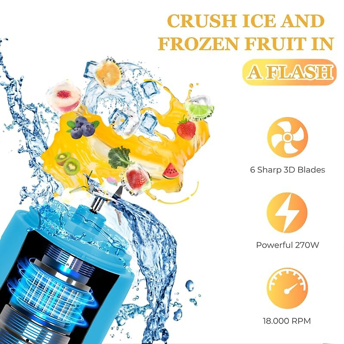 Cordless 21oz Portable Blender BPA Free With Personal Blender Cup, Best For Smoothie, Shakes, and Cocktails, With Durable Stainless Steel Blades, USB-C Rechargeable in Blue By WIZTRONIX