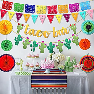 39 Pcs Taco Bar Decorations Fiesta Party Set Serape Table Runner Taco Bar Cactus Banner Garland Fiesta Paper Fan Mexicano Picado Banner Party Decor for Mexican Cinco De Mayo Party Supplies(Purple)