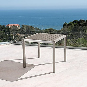 Christopher Knight Home Louie Coral Outdoor Dining Anodized Aluminum-Faux Wood Table Top-Square Gray-35, Silver + Gray