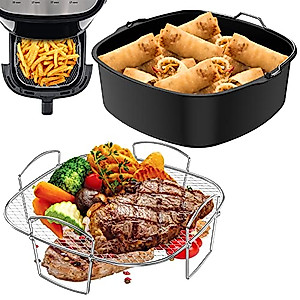 Eummy - 2Pcs Air Fryer Cooking Accessory Kit 8Inch Stainless Steel Air Fryer Rack Reversible Rack and Non-Stick Baking Pan Universal Air Fryer Accessories Dishwasher Safe for Dual Basket Air Fryer