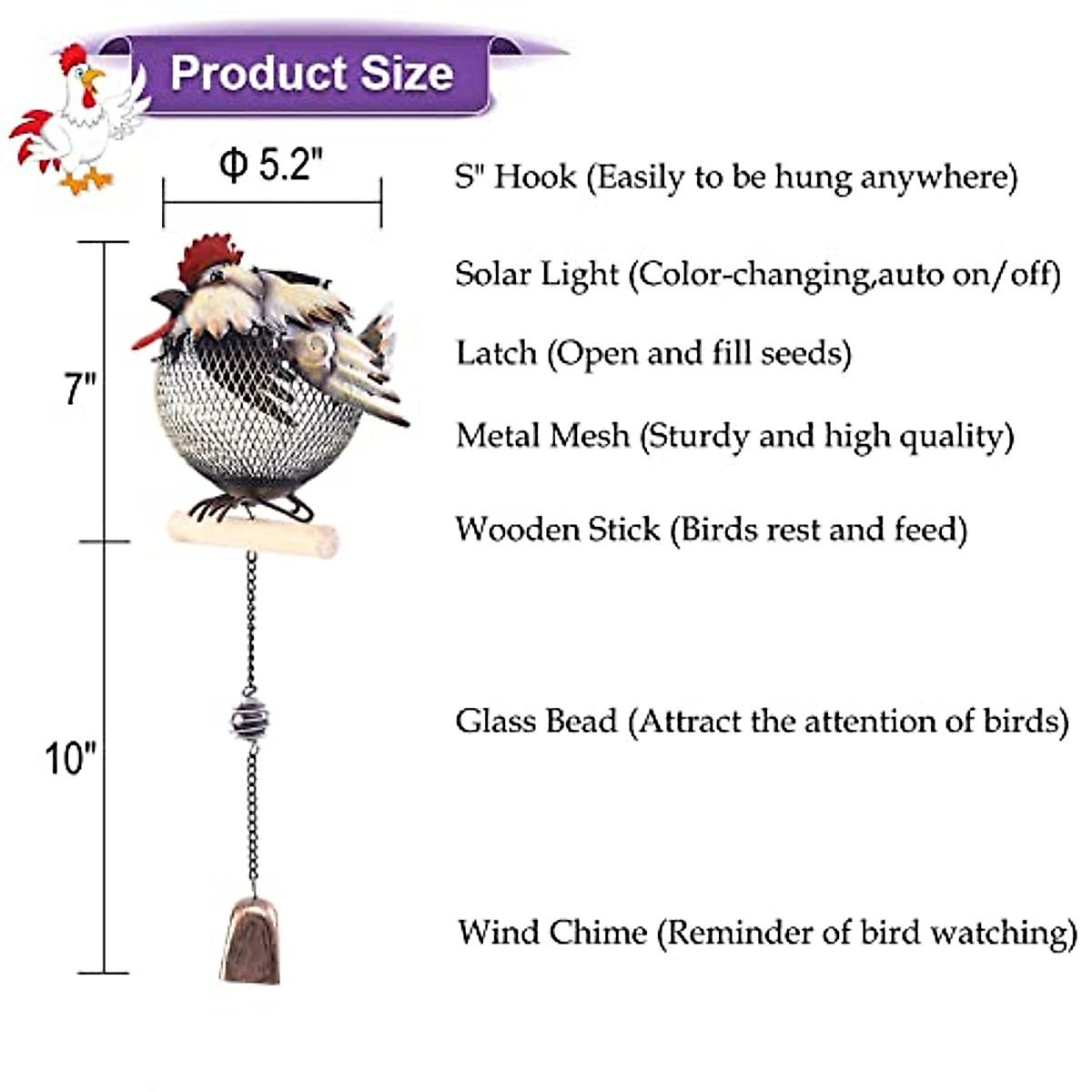 wtreew Solar Rooster Bird Feeder Squirrel Proof for Outside - Unique Cute Metal Animal Shaped Wild Bird Feeder with Solar Light, Wind Chime, Gift for Bird Lovers(Rooster)