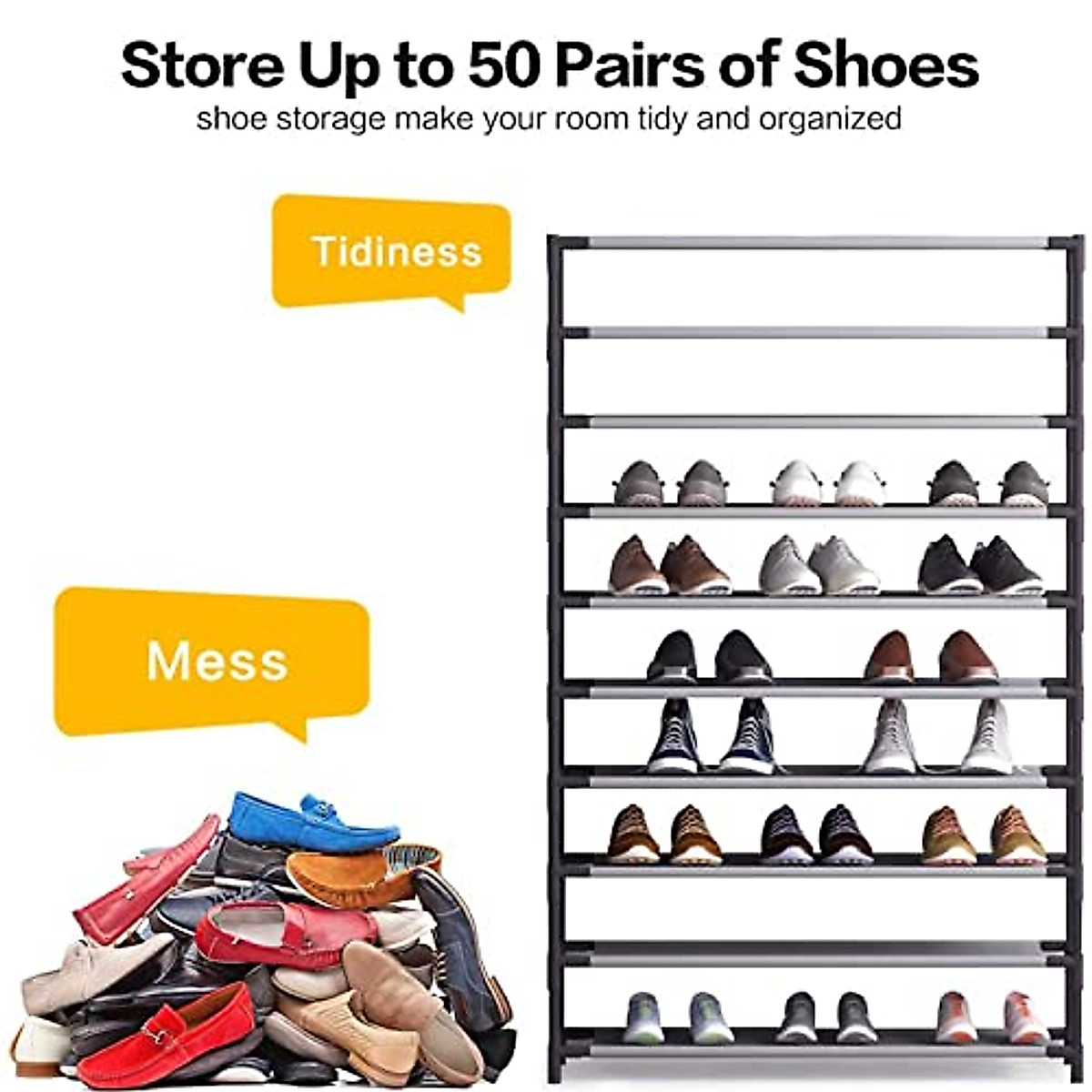 COMHOMA Shoe Rack 10 Tiers Large Shoe Rack Organizer for 50 Pairs Space Saving Shoe Shelf Non-Woven Fabric Shoe Storage Cabinet Adjustable GRAY