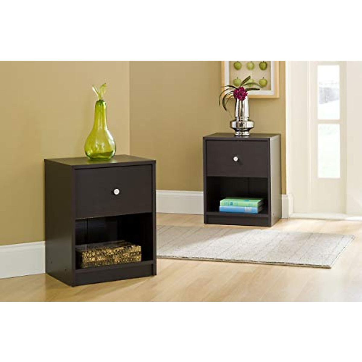 Tvilum, 1 Drawer 1 Shelf Nightstand, Bedroom Furniture, Silver Drawer Knobs, Dark Brown