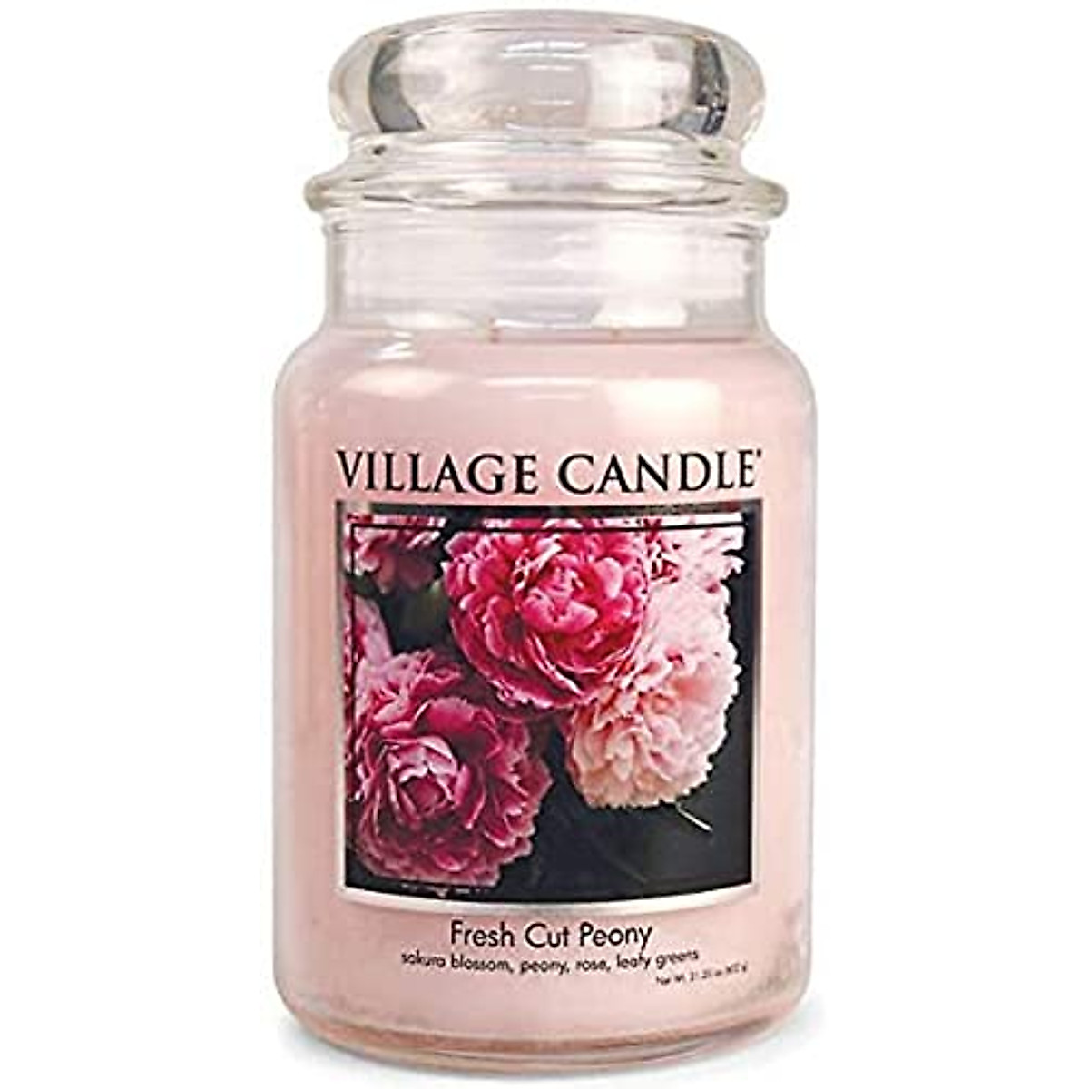 Village Candle Fresh Cut Peony Large Glass Apothecary Jar Scented Candle, 21.25 oz, Light Pink & Spring Lilac, Large Glass Apothecary Jar Scented Candle, 21.25 oz, Purple