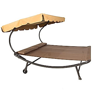 Sunnyglade 6.6'L x 6.5'W Patio Double Chaise Lounge Bed with Canopy,Headrest Pillow and Wheels,Portable Outdoor Hammock Bed for Backyard,Lawn,Garden,Courtyard,Brown