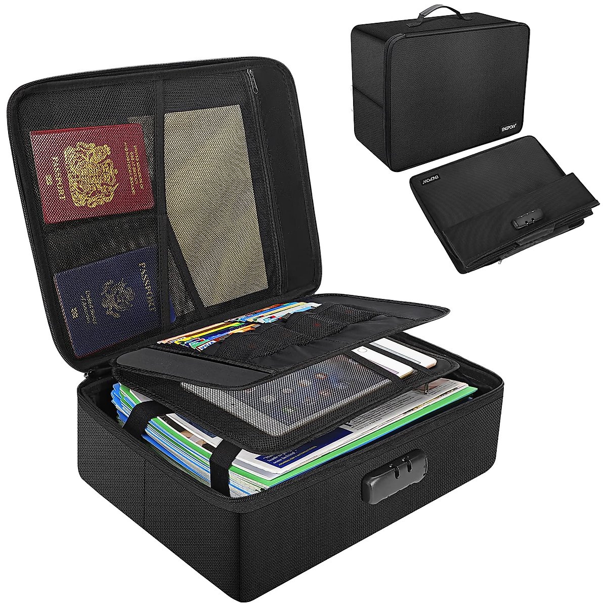 ENGPOW Fireproof Document Organizer Box with Lock,Collapsible Hard File Storage Box,Multi-Layer Waterproof Portable Travel Home Filing Storage Fireproof Safe for Important File,Cash,Letter/Legal Size