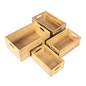 ANMINY Set of 4 Nesting Wooden Crates for Storage, Bamboo Wood Storage Containers Bins, Handmade Natural Large Wooden Storage Boxes Baskets with Handles for Organizing Shelf Closet Cabinet