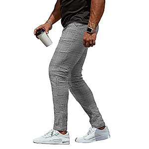 Woenzaia Men's Fashion Slim Fit Plaid Dress Pants Casual Skinny Chinos Pants Stretch Expandable Waist Golf Pants Checkered Travel Slacks(Dark Grey,32