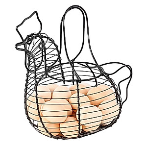 Flexzion Chicken Egg Holder, Small Wire Egg Collecting Basket with Handle for Farm Eggs, Fruits, Vegetables, Metal Wire Chicken Basket Decor for Kitchen, Countertop, Farmhouse Rustic Style, Black