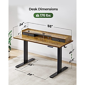 Marsail Electric Standing Desk with Dual Drawers, 55 x 24 Inches Height Adjustable Desk with Storage Shelf, Sit Stand Desk with 4 Memory Preset, 2 Hooks, Stand Up Desk for Home Office, Rustic Brown