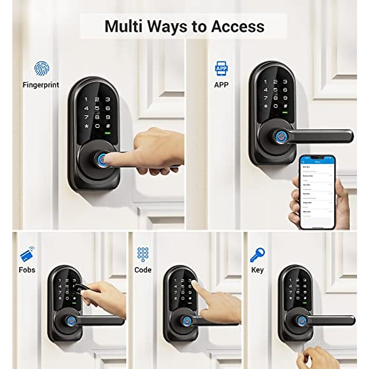 Veise Smart Lock, Keyless Entry Door Lock with Handle, Fingerprint 7-in-1 Locks for Front Door, Electronic Digital Keypad, APP Control, Set, Matte Black