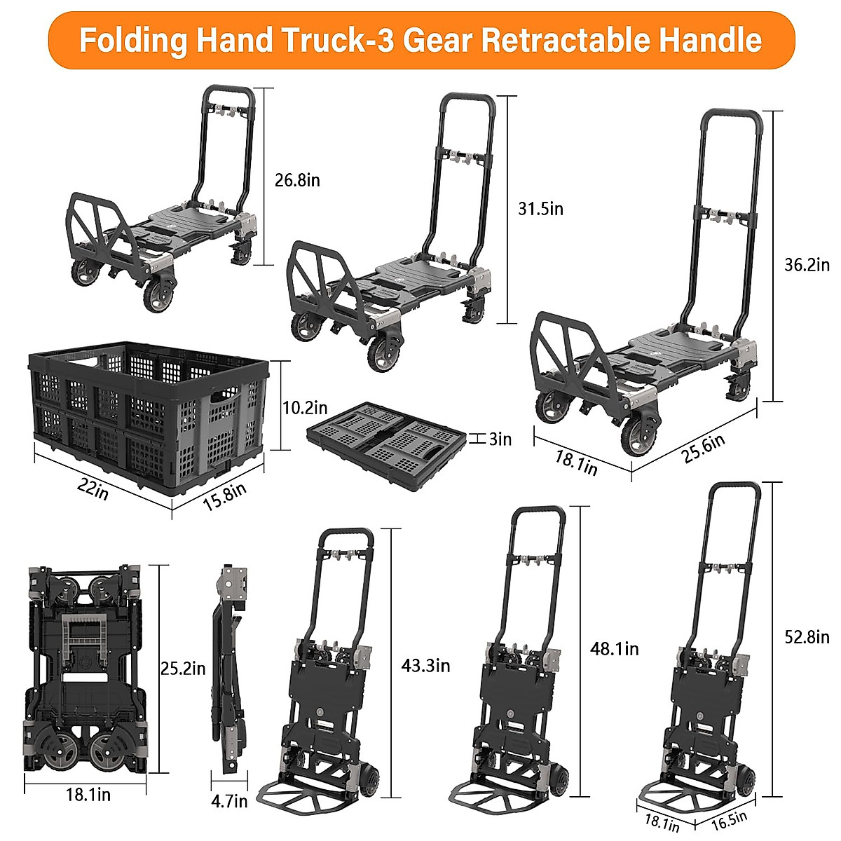 2-in-1 Folding Hand Truck with Folding Basket, 330LBS Capacity Heavy Duty Dolly with Retractable Handle, 4 Wheels and 2 Wheels Convertible Dolly Cart, Utility Luggage Cart with 2 Elastic Ropes