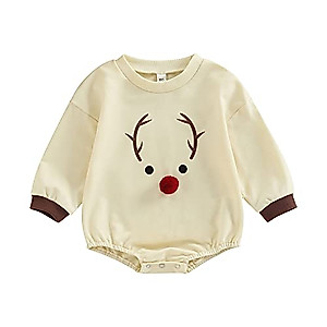 FYBITBO Newborn Baby Girl Boy Christmas Outfit Reindeer Sweatshirt Romper Long Sleeve Shirt Onesie Santa Costume (12-18 Months,Beige-reindeer)