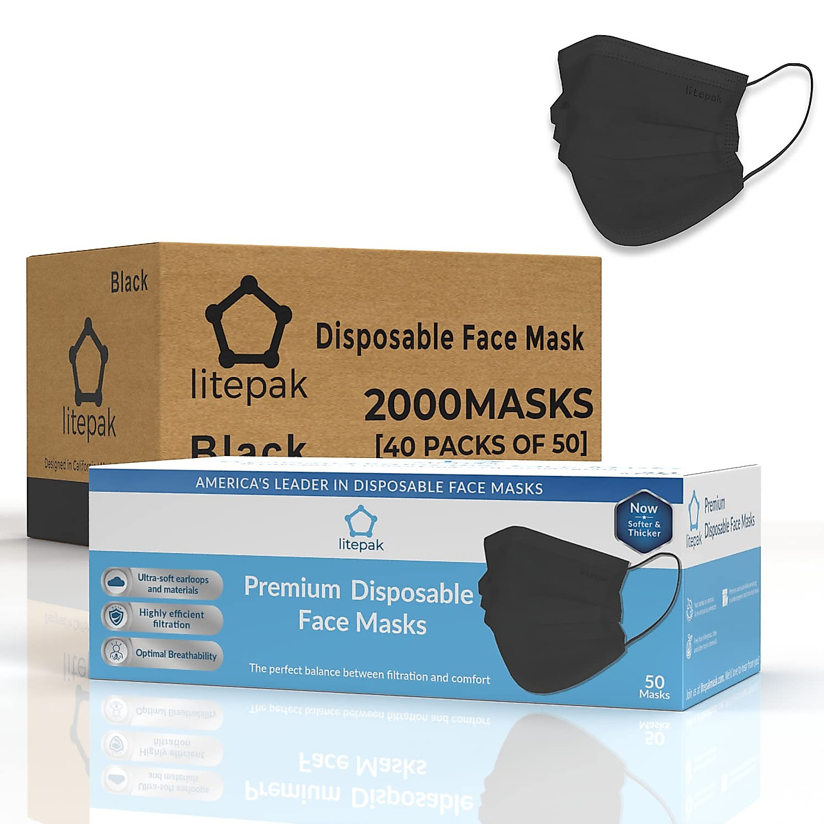 Litepak 2000pcs Disposable Face Masks Black 3-Ply Adult Mask Nose Wire Protection - Breathable Protective Face Covering (Black)