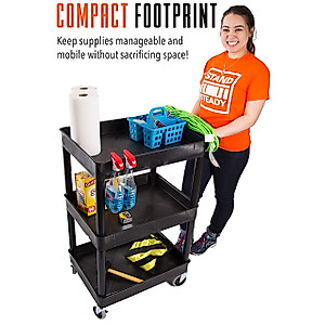 Tubstr Compact 3 Shelf Utility Cart | Heavy Duty Service Cart Supports up to 300 lbs! | Tub Cart with Deep Shelves | Great for Warehouse, Garage, Cleaning & More (3 Shelf/Black / 24 x 18)