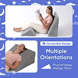 Bed Wedge Pillow – 2 Separate Memory Foam Incline Cushions, System for Legs, Knees and Back Support Pillow | Acid Reflux, Anti Snoring, Heartburn, Reading – Machine Washable, Grey