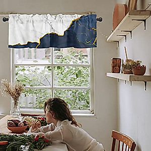 Vograud Valances for Windows, Abstract White and Navy Blue Marble with Gold Line Rod Pocket Kitchen Curtains Valances, Short Window Valances for Living Room Bathroom 42” x 18”