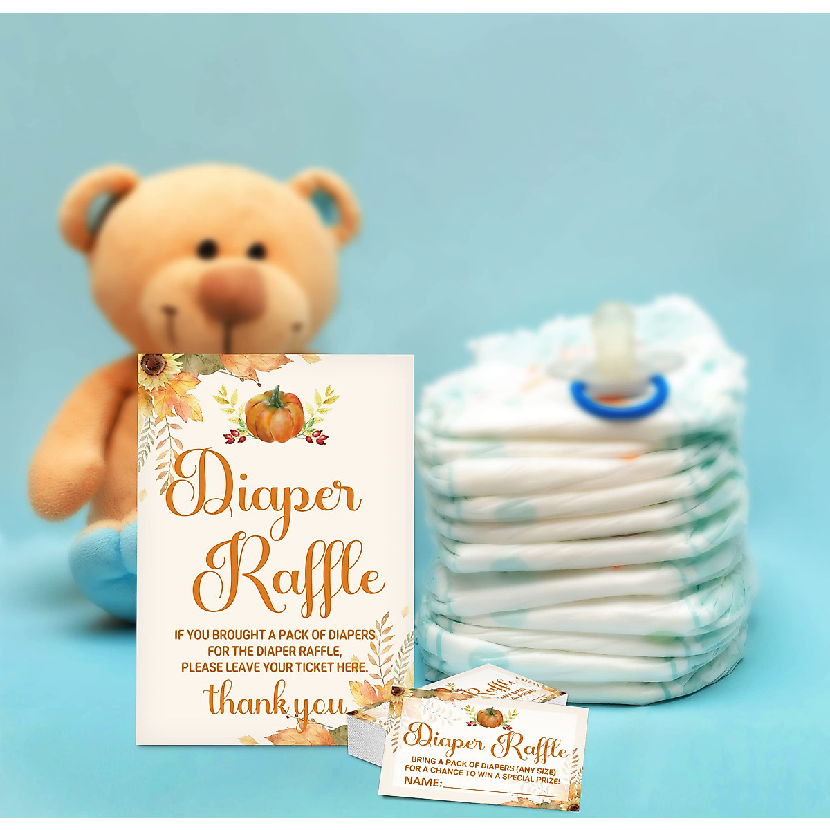 Diaper Raffle Baby Shower Game Set (1 Standing Sign + 50 Guessing Cards), Happy Fall Thanksgiving Day Diaper Raffle Tickets for Baby Shower, Autumn Little Pumpkin Baby Shower Party Favor Decor (C02)