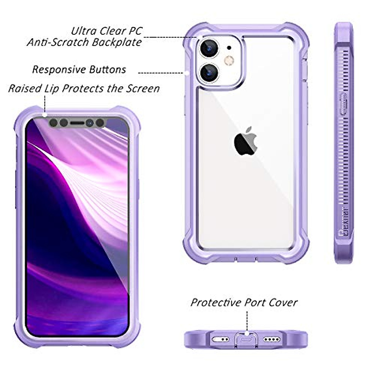 Dexnor Clear Case Compatible with iPhone 12 Mini Case with Screen Protector Rugged Full Body Protective Shockproof Hard Defender Heavy Duty Cover TPU Bumper Case for iPhone 12 Mini 5.4 inch, Purple