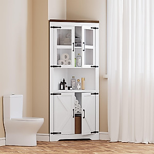 GarveeHome Farmhouse Corner Cabinet, Tall Corner Cabinet with Barn Door & Adjustable Shelves, Corner Storage Cabinet for Living Room, Kitchen, Bathroom, White