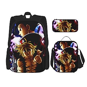 ORPJXIO Backpack 3 Piece Set The Seven Anime Deadly Sins Laptop Backpack Pencil Case Lunch Bag Combination For Travel Work Camping