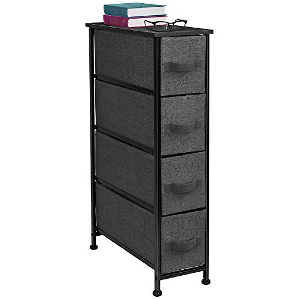 Sorbus Narrow Dresser with 4 Drawers - Vertical Slim Storage Chest of Drawers with Steel Frame, Wood Top & Easy Pull Fabric Bins for Small Spaces, Closets, Bedroom, Bathroom & Laundry (Black/Charcoal)