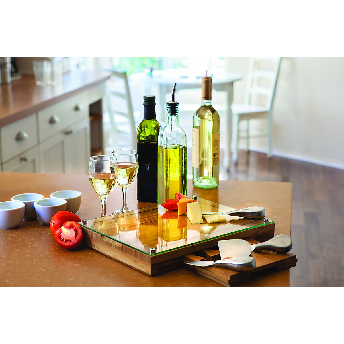 TOSCANA - a Picnic Time brand Concerto Glass Top Cheese and Knife Set - Charcuterie Set - Glass Top Cutting Board, (Bamboo)