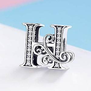 Authentic 925 Sterling Silver Charms Vintage A-Z Letter Alphabet Charms Fit Pandora Bead Bracelets & Women Original Charm Diy Jewelry (H)